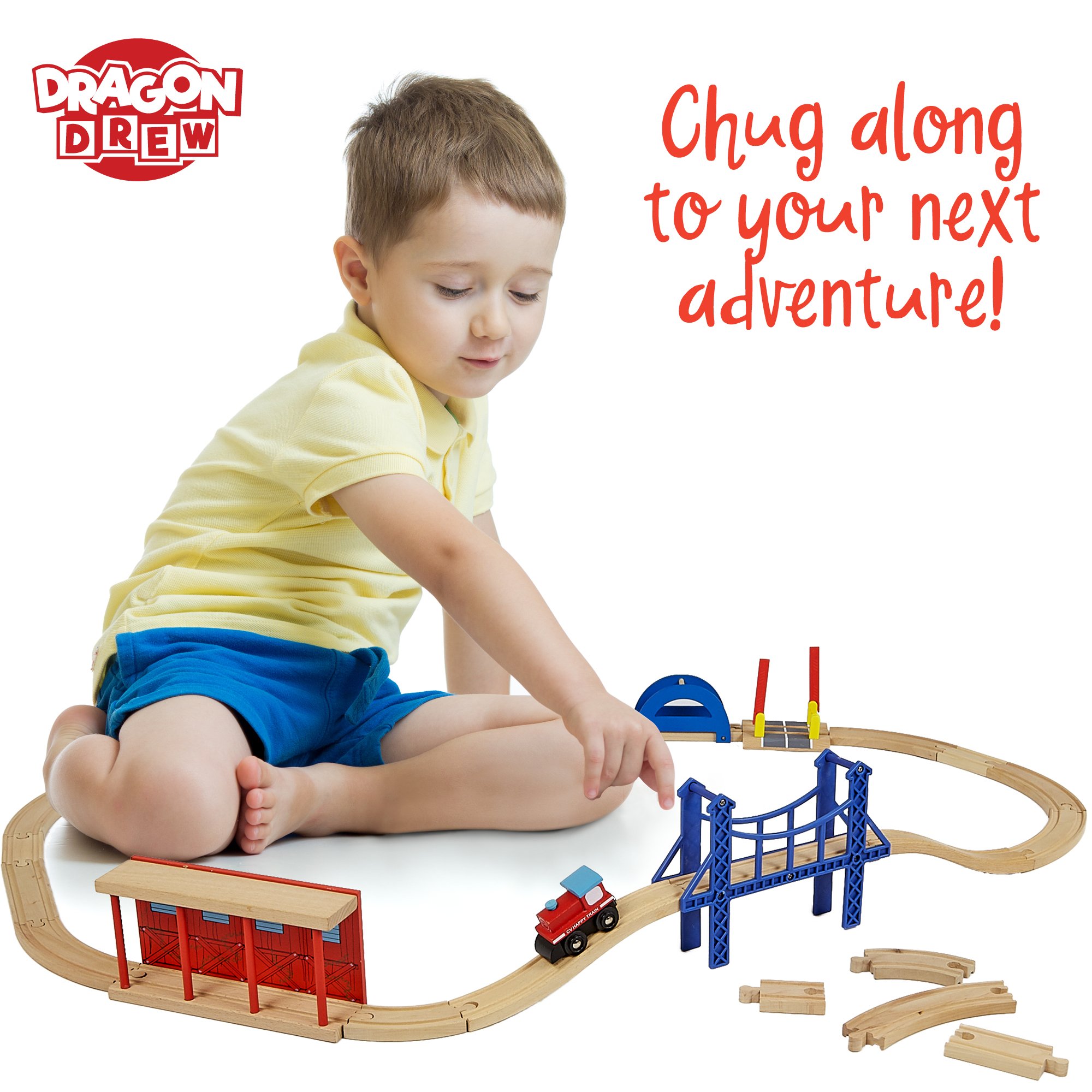 Dragon Drew Wooden Train Accessory Set – Includes Train Car, Station Platform, Raised Bridge and Tracks and Railroad Crossroad - Compatible with Brio, Thomas, Chuggington and All Major Brands