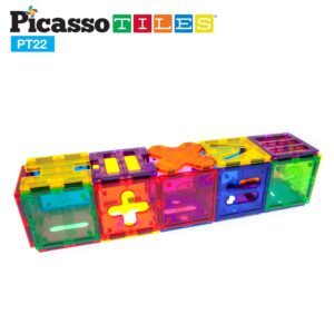 PicassoTiles PT22 Magnetic Building Blocks Numerical Magnet Tiles Educational Kit Toy Set 3D Clear Color Stacking Block STEM Playboard Novelty Game w/Numbers, Roman Numerals, and Math Symbols