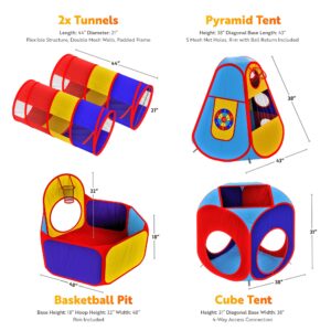 Playz 5pc Kids Play Tent Jungle Gym, Ball Pit, Pop Up Tents & Play Tunnel for Toddlers, Babies, and Kids Indoor & Outdoor Playhouse Bundle with Dartboard and 5 Sticky Balls, Gift for Boys & Girls