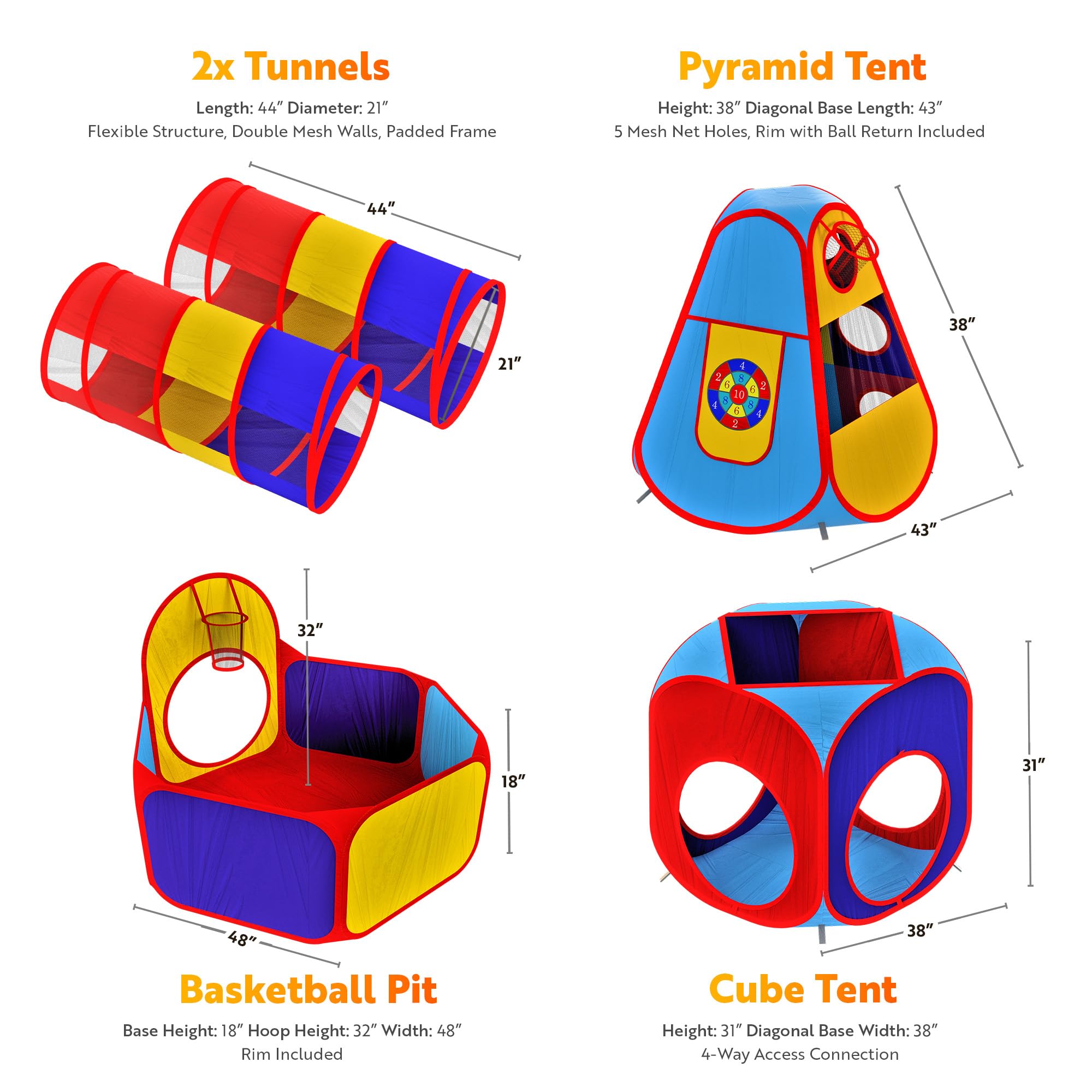 Playz 5pc Kids Play Tent Jungle Gym, Ball Pit, Pop Up Tents & Play Tunnel for Toddlers, Babies, and Kids Indoor & Outdoor Playhouse Bundle with Dartboard and 5 Sticky Balls, Gift for Boys & Girls