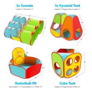 Playz 7pc Kids Play Tent with 1 Big Ball Pit for Babies, 3 Play Tunnel for Toddlers, and 3 Pop Up Tents Playhouse Bundle, Best Birthday Gift for Boys & Girls, Indoor & Outdoor Use Portable Play Center