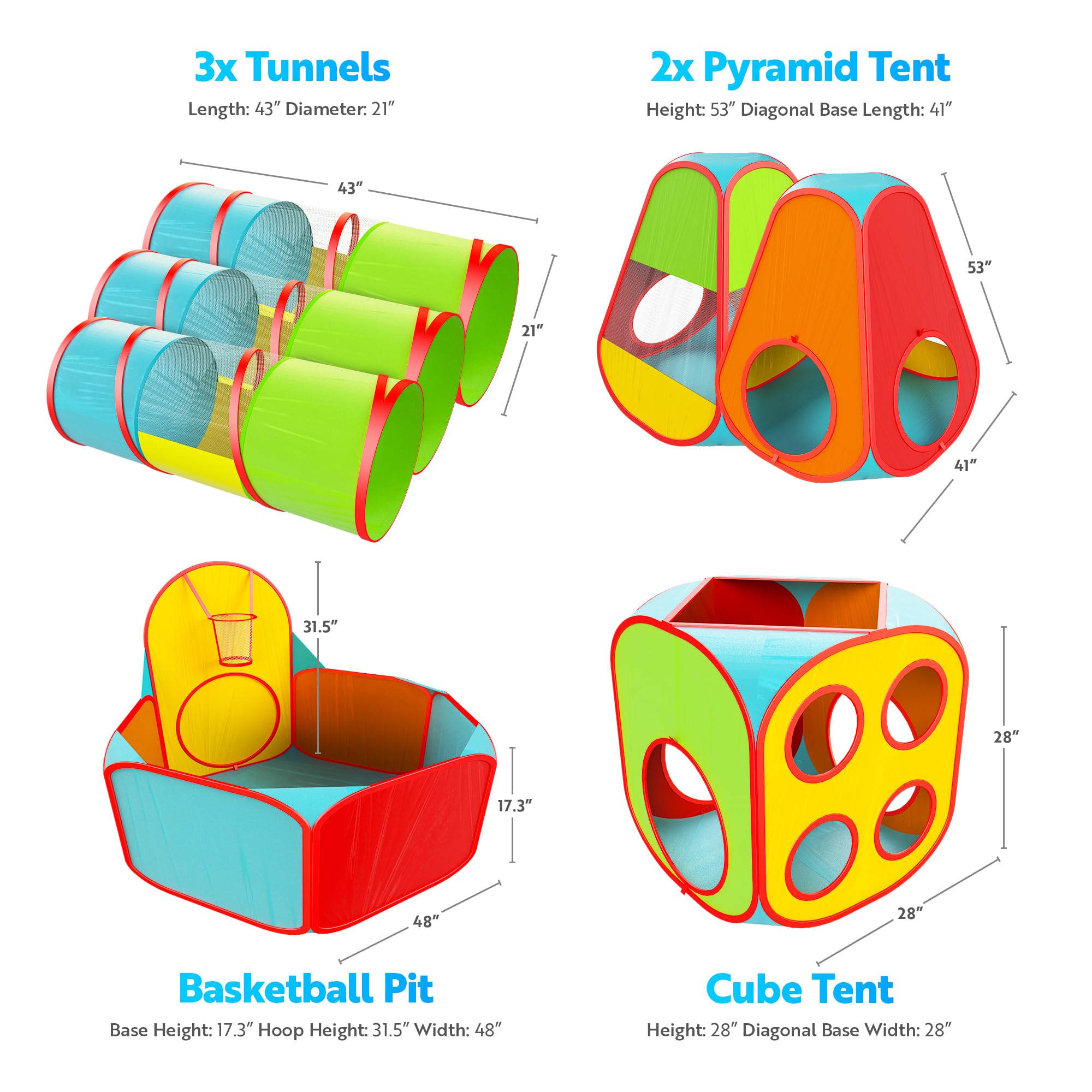 Playz 7pc Kids Play Tent with 1 Big Ball Pit for Babies, 3 Play Tunnel for Toddlers, and 3 Pop Up Tents Playhouse Bundle, Best Birthday Gift for Boys & Girls, Indoor & Outdoor Use Portable Play Center