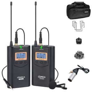 wireless lavalier microphone system, comica cvm-wm100 uhf 48 channels professional wireless microphone compatible with canon nikon sony panasonic dslr cameras,xlr camcorder,smartphone etc.