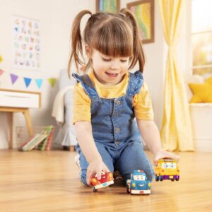 B. toys- Mini Wheeee-ls!- 3 pc Mini Pull-Back Vehicles Set, Bus & Cars, Multi, Hot Rod, School Bus, Police Car- 1 year +