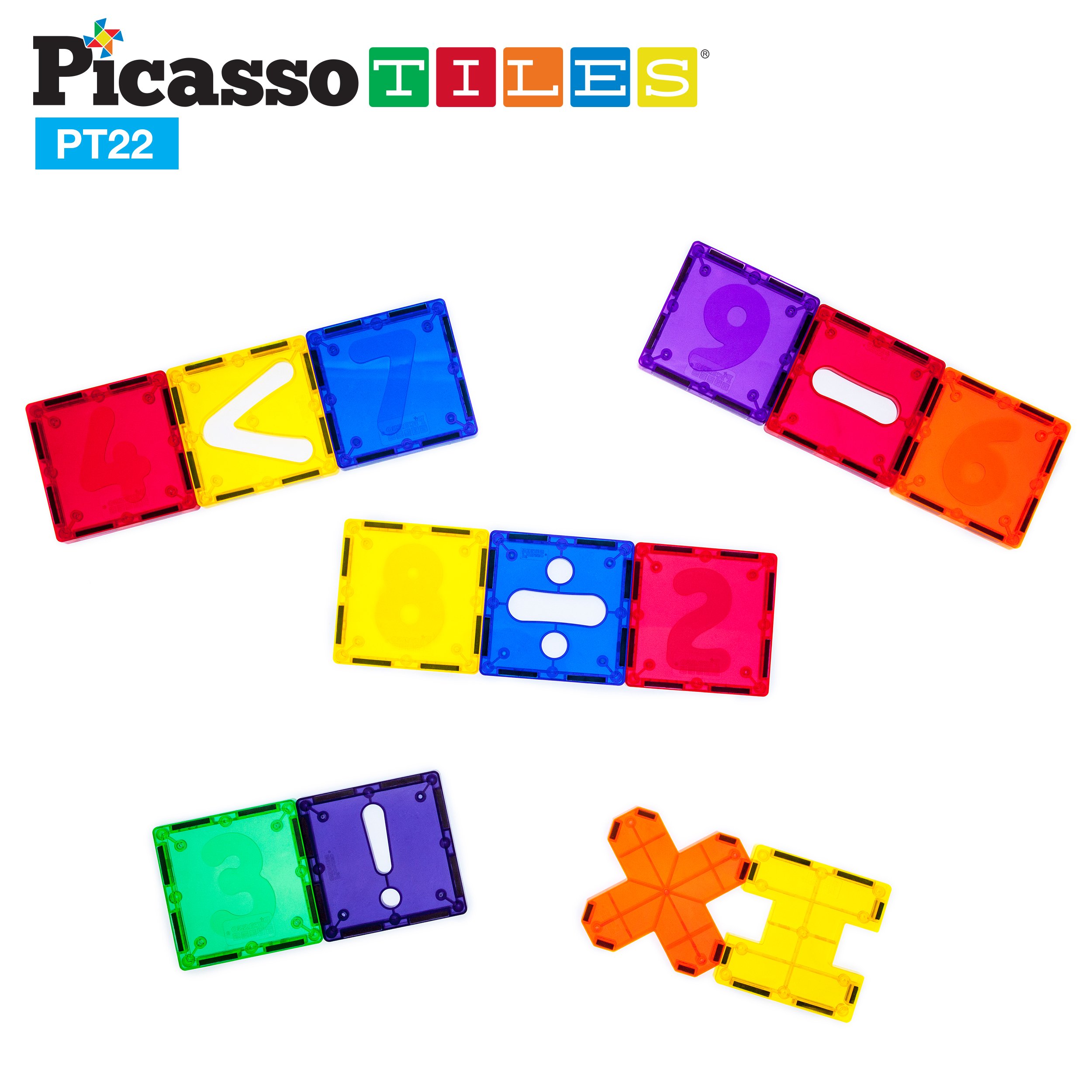 PicassoTiles PT22 Magnetic Building Blocks Numerical Magnet Tiles Educational Kit Toy Set 3D Clear Color Stacking Block STEM Playboard Novelty Game w/Numbers, Roman Numerals, and Math Symbols