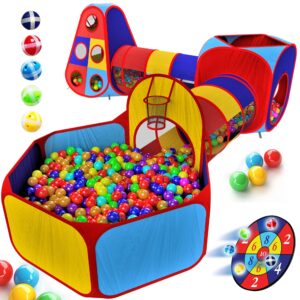 playz 5pc kids play tent jungle gym, ball pit, pop up tents & play tunnel for toddlers, babies, and kids indoor & outdoor playhouse bundle with dartboard and 5 sticky balls, gift for boys & girls