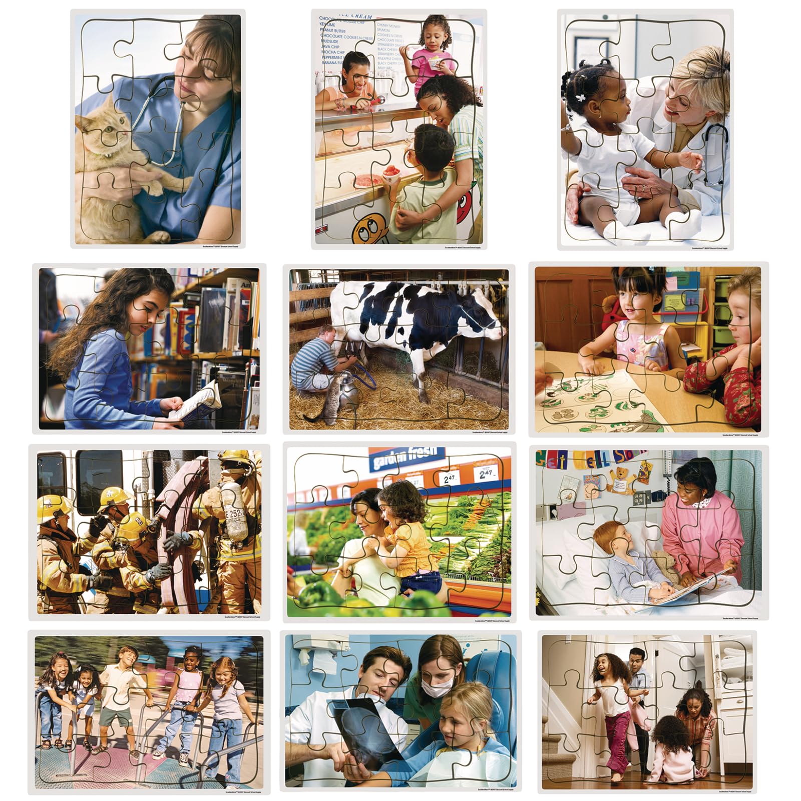 Excellerations Wooden Community Helper Jigsaw Puzzle 11-5/8 inches L x 8-3/8 inches W for Children, 8-12 Piece Puzzles, Set of 12 Puzzles, Preschool