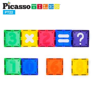 PicassoTiles PT22 Magnetic Building Blocks Numerical Magnet Tiles Educational Kit Toy Set 3D Clear Color Stacking Block STEM Playboard Novelty Game w/Numbers, Roman Numerals, and Math Symbols