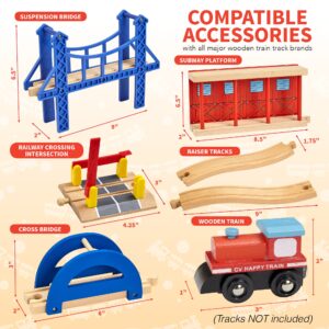 Dragon Drew Wooden Train Accessory Set – Includes Train Car, Station Platform, Raised Bridge and Tracks and Railroad Crossroad - Compatible with Brio, Thomas, Chuggington and All Major Brands