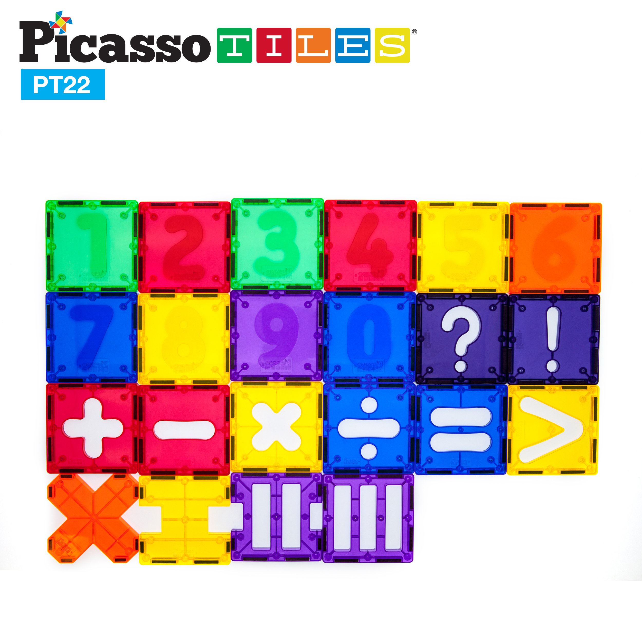 PicassoTiles PT22 Magnetic Building Blocks Numerical Magnet Tiles Educational Kit Toy Set 3D Clear Color Stacking Block STEM Playboard Novelty Game w/Numbers, Roman Numerals, and Math Symbols