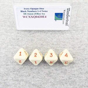 wondertrail ivory opaque dice with red numbers d8 no. 1-4 twice 16mm (5/8in) pack of 4