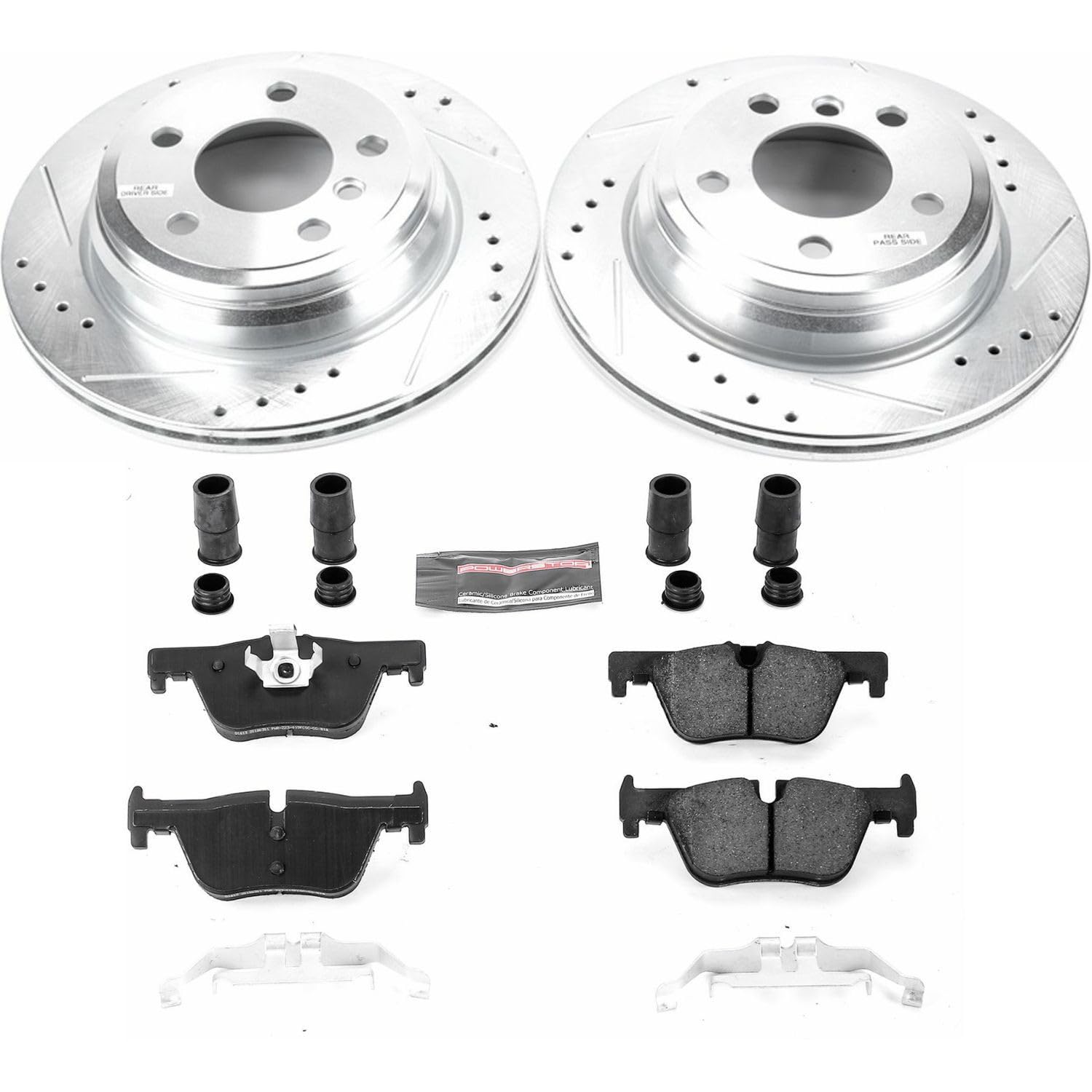 Power Stop K6852 Rear Z23 Carbon Fiber Brake Pads with Drilled & Slotted Brake Rotors Kit and 1 Rear Sensor Wire