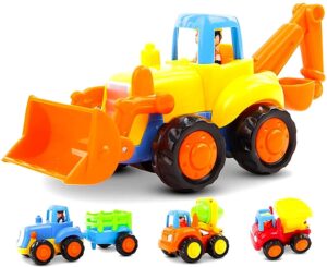 4 pack friction powered cars set, educational vehicles toy gifts for kids toddler baby 18 month +, push and go bulldozer tractor dumper cement mixer engineering trucks toys for boys girls birthday