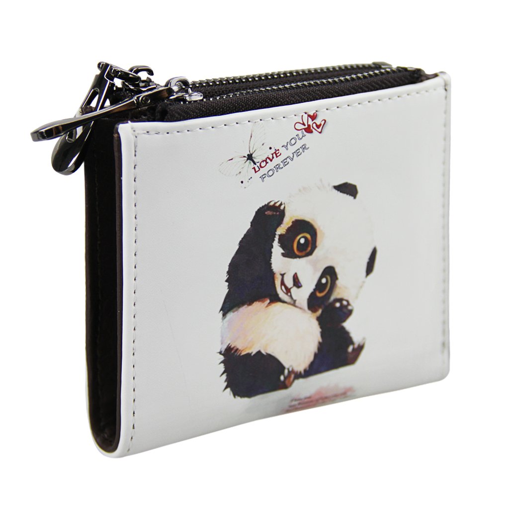 Fakeface Zippered PU Leather Short Bi-fold Mini Wallet Card Cash Purse Holders Money Clip, Panda, One Size