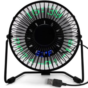 justup usb led fan portable desk fan with real time date and temperature display personal table cooling fan 360°rotation durable for home and office (metal design low noise 5 inch, black) (sw)