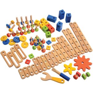 Constructive Playthings Wood Stress Nut and Bolt Builder with Activity Cards, Building Toys for Toddlers, Early STEM and Fine Motor Skills, 84-Piece Kids Playset, Ages 3 Years Plus