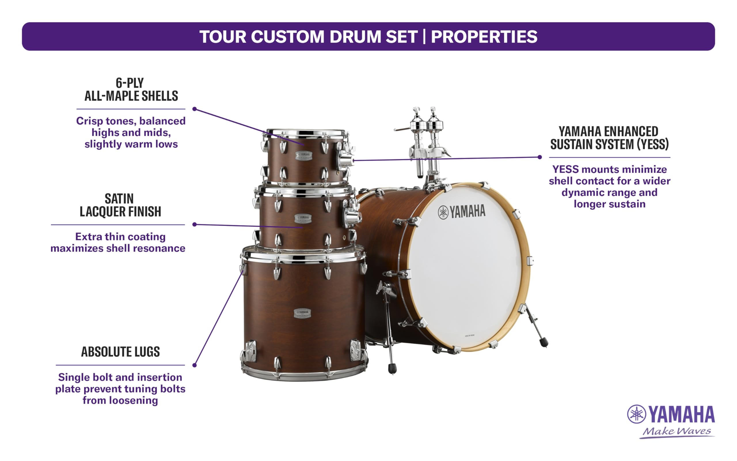 Yamaha Tour Custom Maple 4pc Fusion Shell Pack, Chocolate Satin