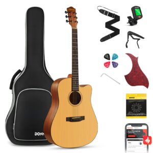 donner 41” acoustic guitar bundle for beginners adults with online lesson, 4/4 full size steel acustica guitarra with gig bag, tuner, strap, strings, picks, capos, cutaway, natural, dag-1c/dad-110c