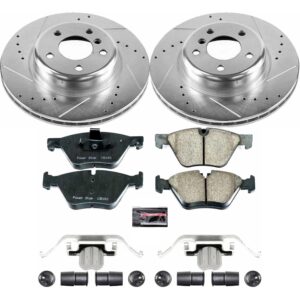 Power Stop K6032 Front Z23 Carbon Fiber Brake Pads with Drilled & Slotted Brake Rotors Kit and 1 Front Sensor Wire