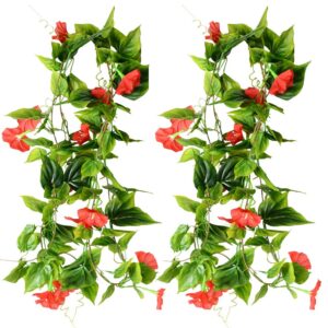 winomo artificial vines 2pcs morning glory hanging green plants silk garland home garden wall fence stairway outdoor wedding hanging baskets decor (red)