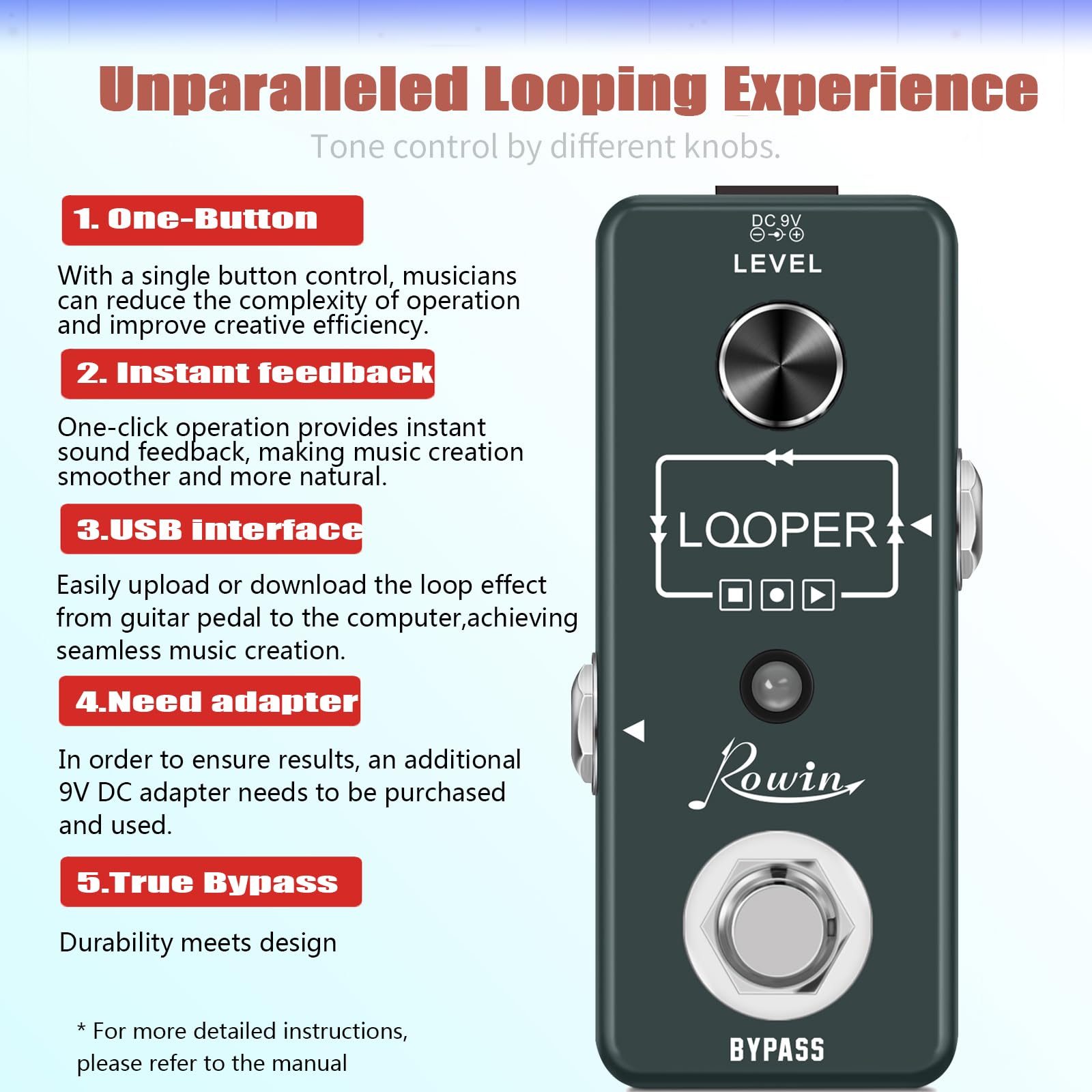 Rowin Looper Guitar Pedal Unlimited Overdubs 10 Minutes of Looping With USB to Import and Export Loop