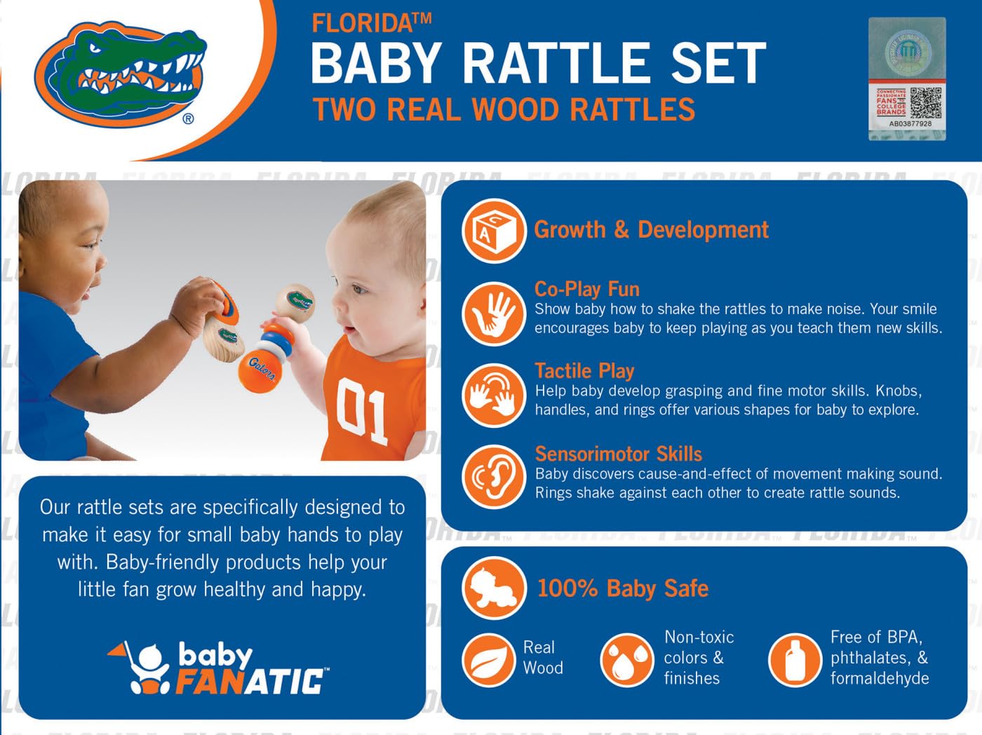 BabyFanatic Wood Rattle 2 Pack - NCAA Florida Gators - Officially Licensed Baby Toy Set