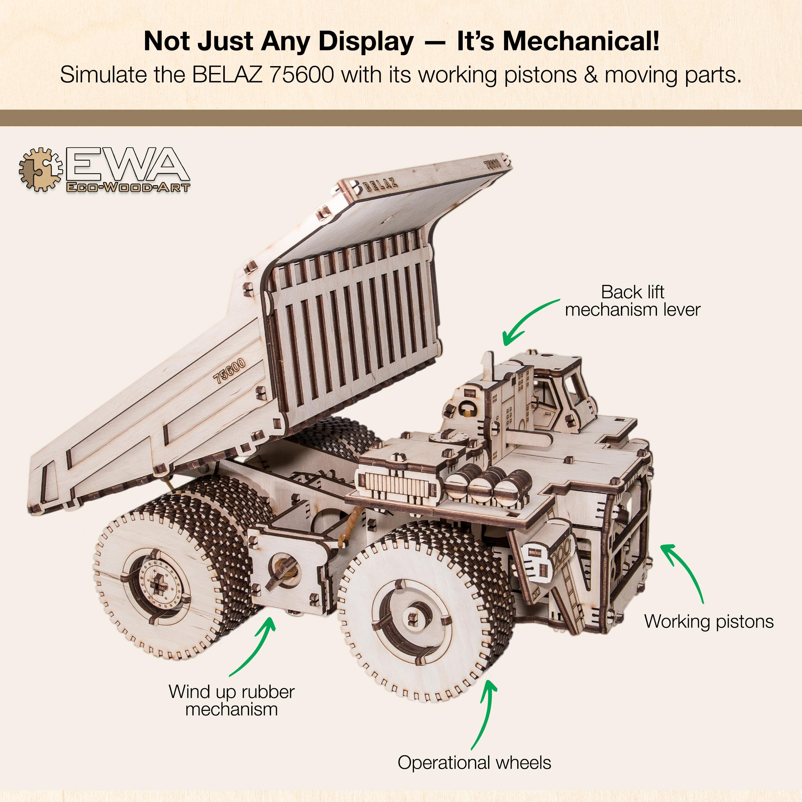 3D Puzzles for Adults - DIY Belaz 75600 Dump Truck 3D Wooden Puzzle with Wind Up Mechanism Piston Engine for 15 yrs Above & Adults - Model Building Kits by Eco Wood Art 307 Pcs