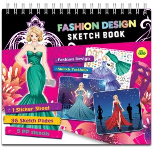 Fashion Dresses Sketch Portfolio Sticker Book - Designer Sketchbook - 100+ Stencils, 36 Giant Coloring Pages, Mermaid Dress Princess Costume Hair Star Stickers – Art Kit Drawing Coloring Book for Kids