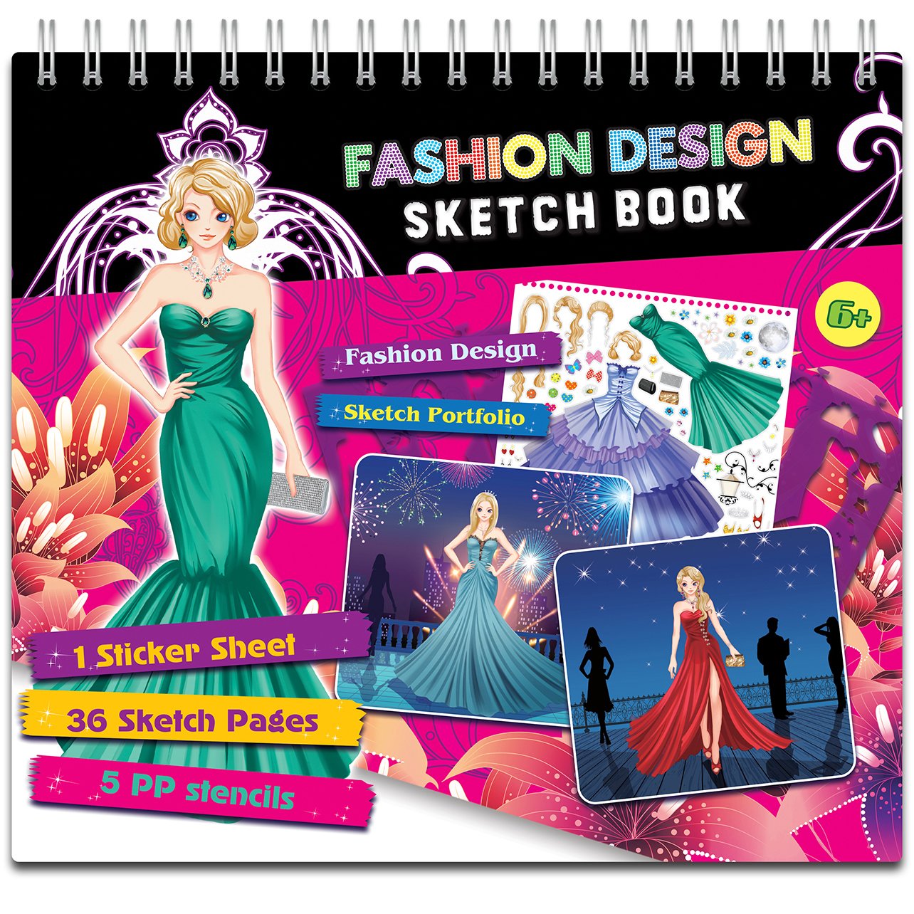 Fashion Dresses Sketch Portfolio Sticker Book - Designer Sketchbook - 100+ Stencils, 36 Giant Coloring Pages, Mermaid Dress Princess Costume Hair Star Stickers – Art Kit Drawing Coloring Book for Kids