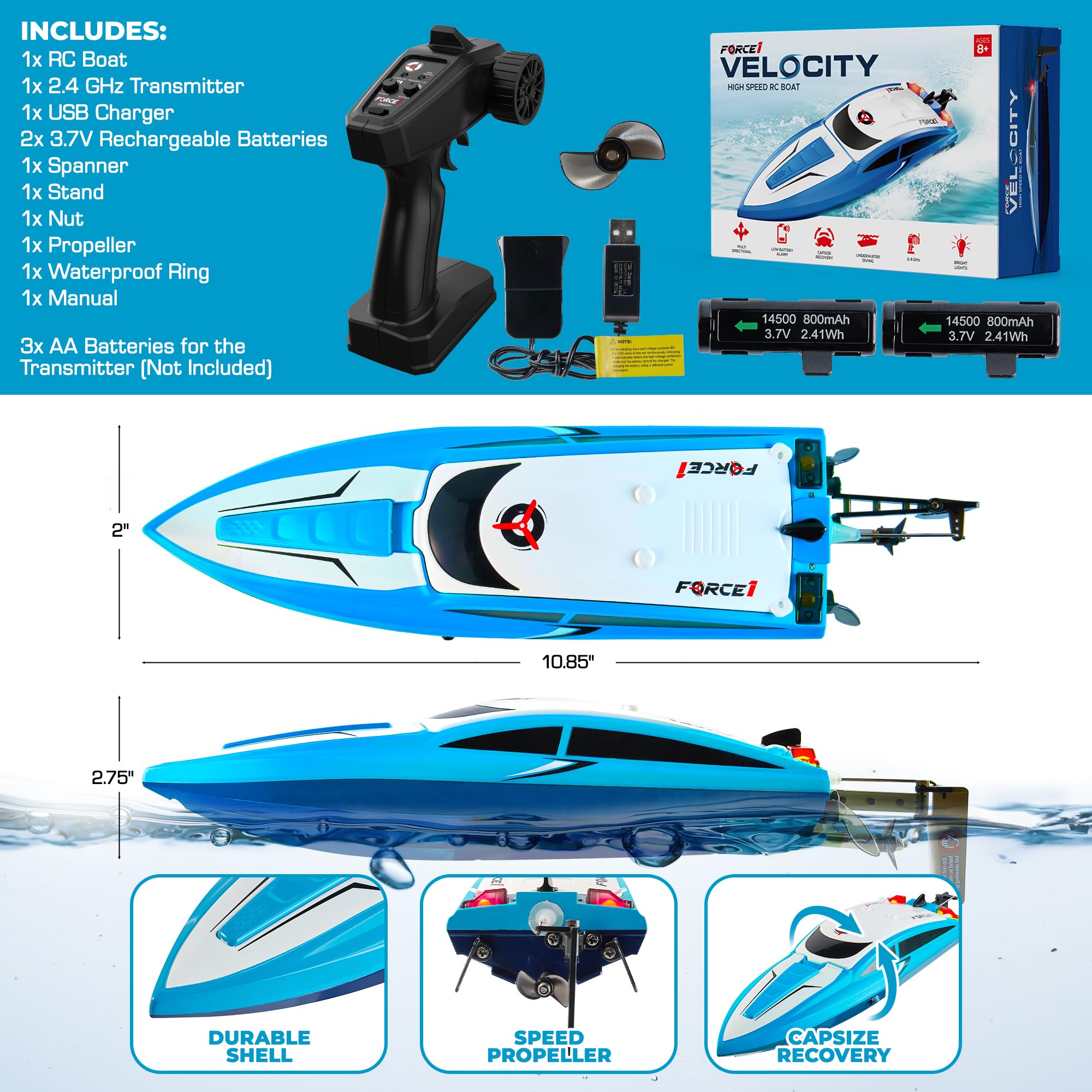 Force1 Velocity Blue Fast RC Boat - Remote Control Boat for Pools and Lakes, Underwater RC Speed Boat, Mini RC Boats for Adults and Kids, 2.4GHZ Remote Controlled Boat with 2 Rechargeable Batteries