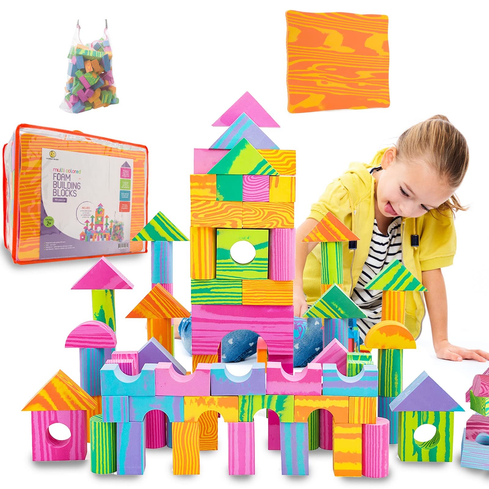 Morvat 60 Piece Colorful Soft EVA Foam Building Blocks Set, Waterproof Play Toy for Children Babies Toddlers & Kids, Boys & Girls Gift, Non Toxic & BPA Free, Bath Tub Platform, Carry & Dry Bag