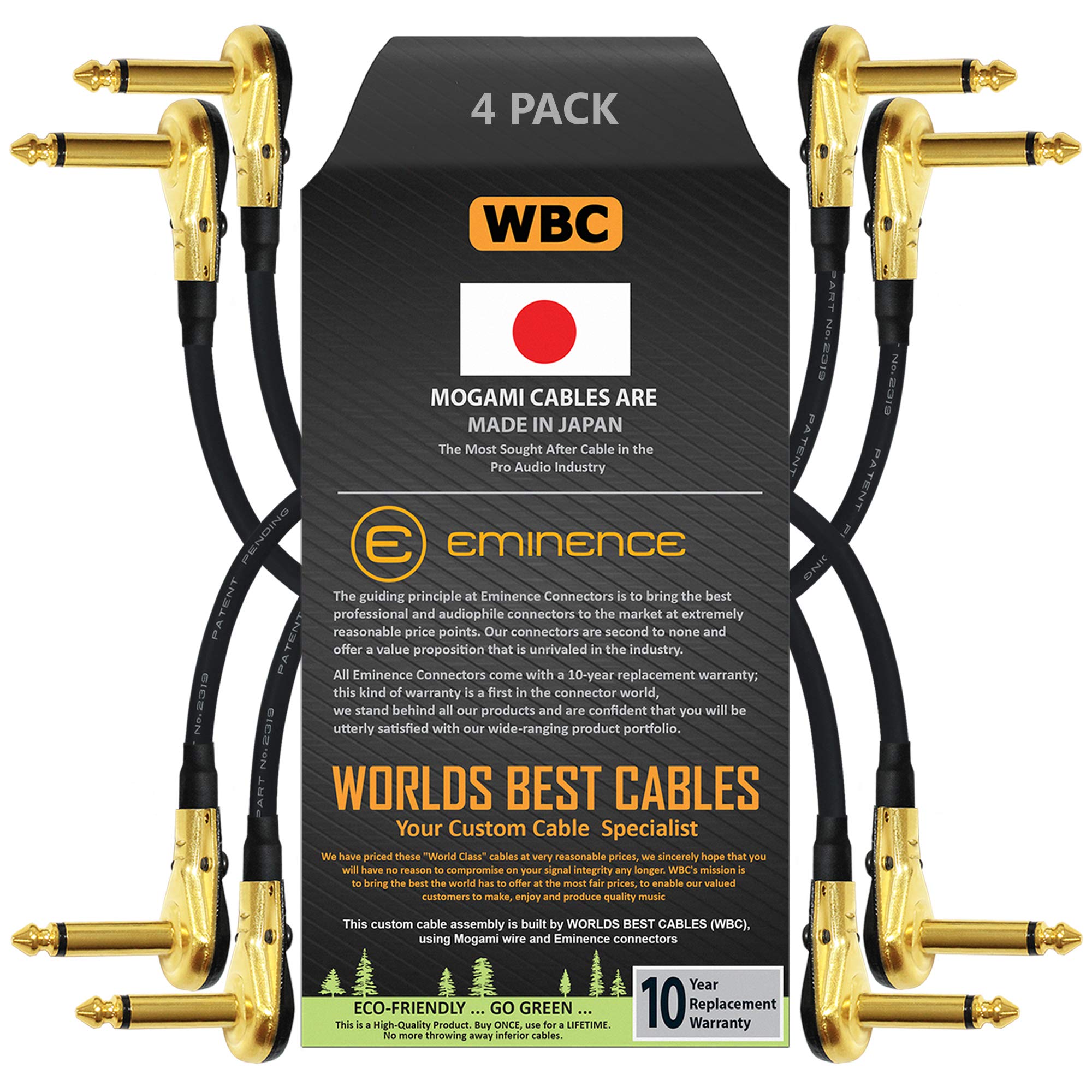 WORLDS BEST CABLES 4 Units - 10 Inch - Pedal, Effects, Patch, Instrument Cable Custom Made Made Using Mogami 2319 Wire and Eminence Gold Plated ¼ inch (6.35mm) R/A Pancake Type Connectors