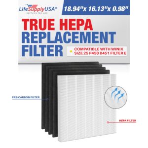 lifesupplyusa complete replacement filter set (1 true hepa air cleaner replacement filter + 4 carbon filters) compatible with winix size 25 p450 b451 filter e air purifiers