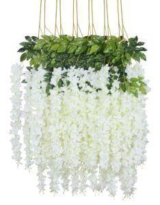 duovlo 12 piece artificial silk wisteria vine 3.6 feet ratta hanging flower garland string home party wedding decor (white)