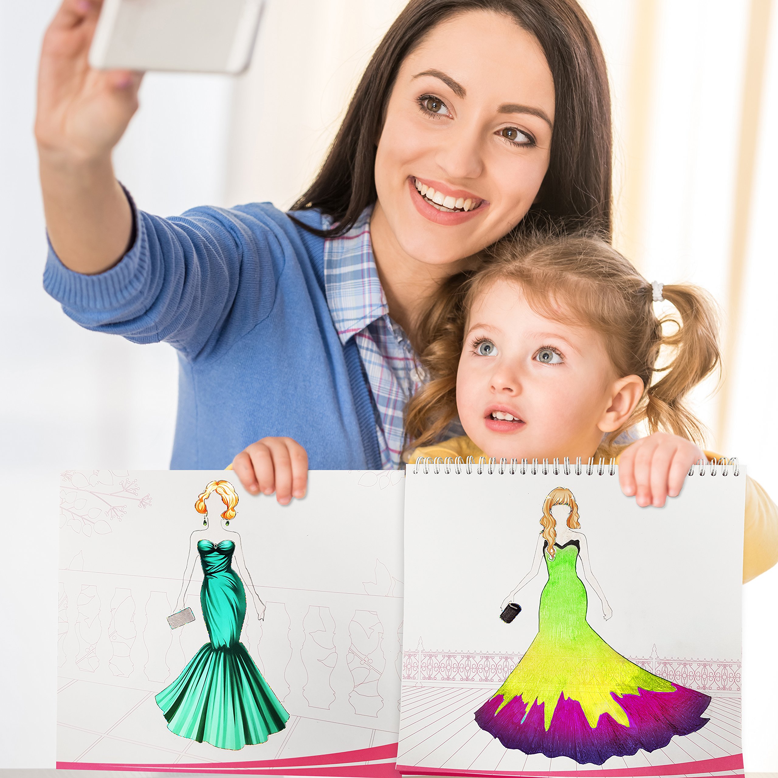 Fashion Dresses Sketch Portfolio Sticker Book - Designer Sketchbook - 100+ Stencils, 36 Giant Coloring Pages, Mermaid Dress Princess Costume Hair Star Stickers – Art Kit Drawing Coloring Book for Kids