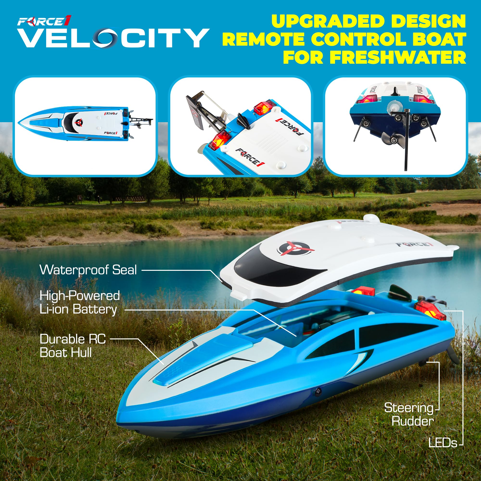 Force1 Velocity Blue Fast RC Boat - Remote Control Boat for Pools and Lakes, Underwater RC Speed Boat, Mini RC Boats for Adults and Kids, 2.4GHZ Remote Controlled Boat with 2 Rechargeable Batteries