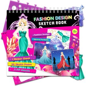 fashion dresses sketch portfolio sticker book - designer sketchbook - 100+ stencils, 36 giant coloring pages, mermaid dress princess costume hair star stickers – art kit drawing coloring book for kids