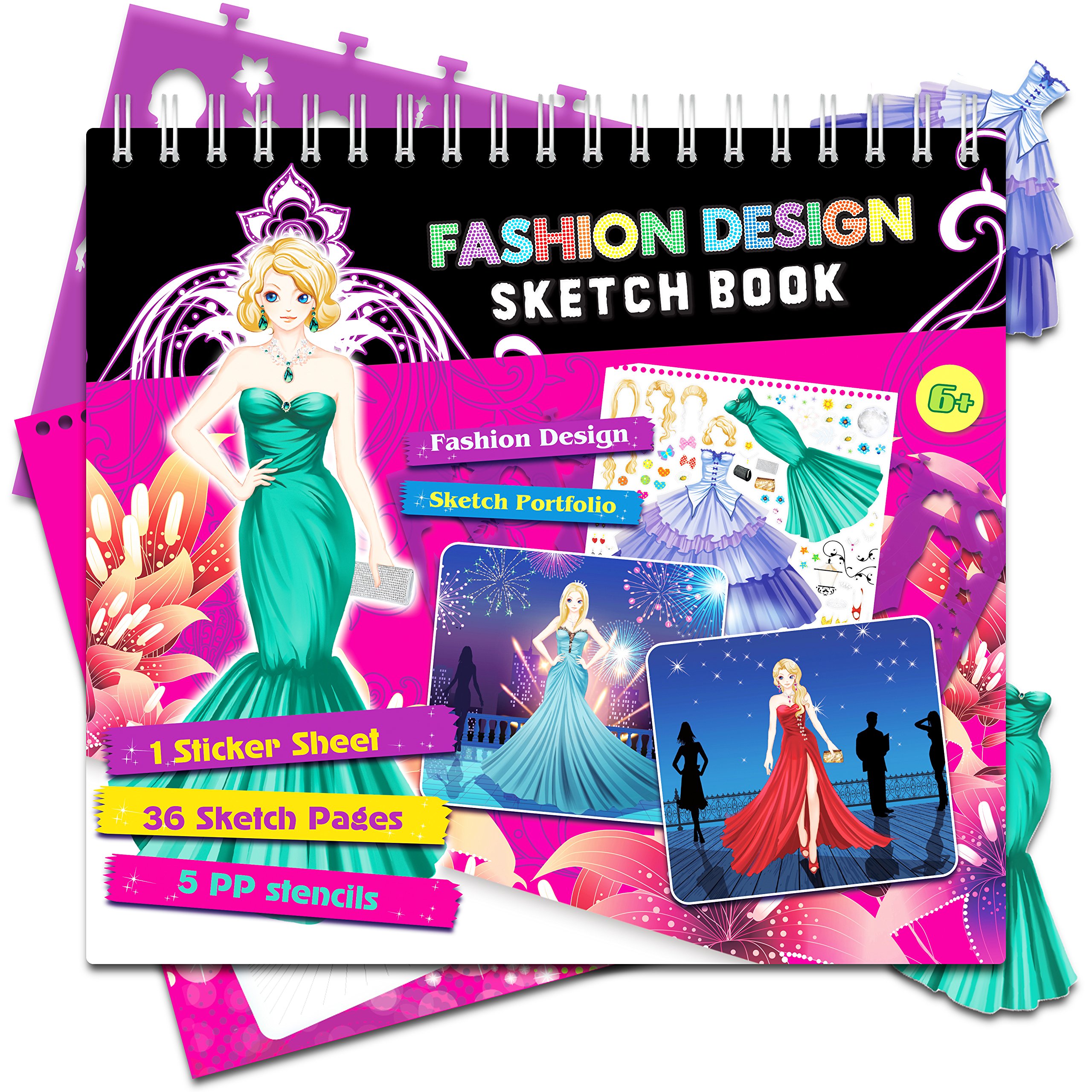 Fashion Dresses Sketch Portfolio Sticker Book - Designer Sketchbook - 100+ Stencils, 36 Giant Coloring Pages, Mermaid Dress Princess Costume Hair Star Stickers – Art Kit Drawing Coloring Book for Kids