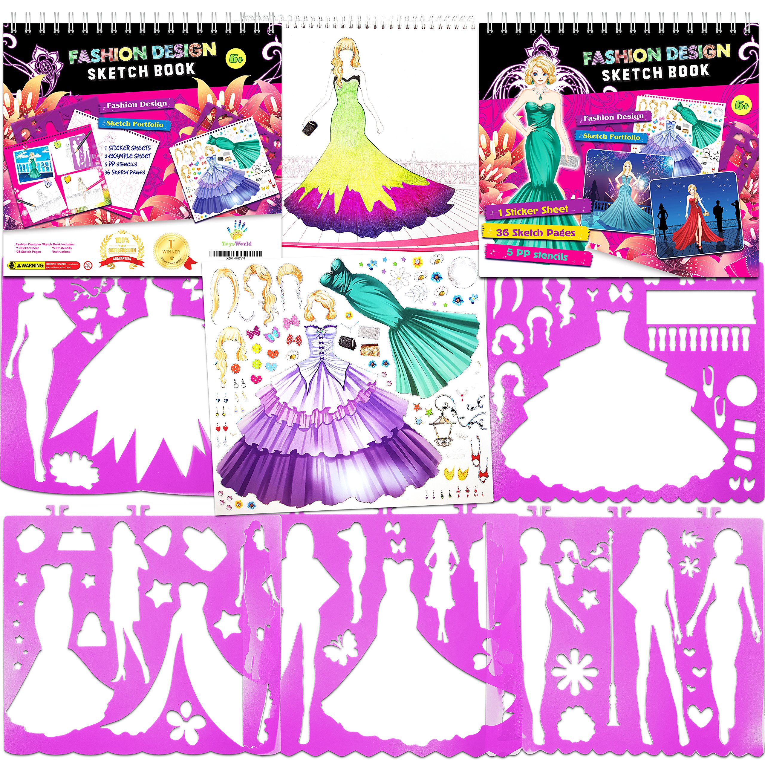 Fashion Dresses Sketch Portfolio Sticker Book - Designer Sketchbook - 100+ Stencils, 36 Giant Coloring Pages, Mermaid Dress Princess Costume Hair Star Stickers – Art Kit Drawing Coloring Book for Kids