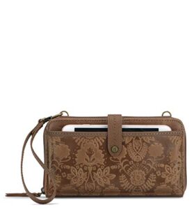 the sak iris large smartphone crossbody bag in leather, convertible wristlet purse design, tobacco floral embossed