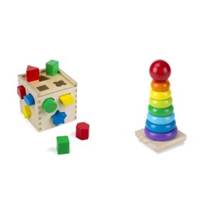 melissa & doug shape sorting cube classic wooden kids toy (best for 2, 3, and 4 year olds) & rainbow stacker classic toy (best for babies, 18, 24 month olds, 1 and 2 year olds)