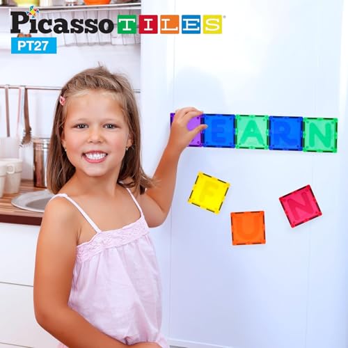 PicassoTiles PT27 Magnetic Building Blocks Alphabet Toy Set Magnet Tiles Construction Toys 3D Clear Color Stacking Block Toy STEM Playboard, Learning by Playing, Creativity Beyond Imagination