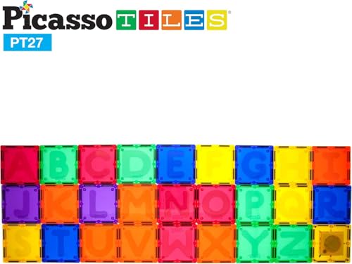 PicassoTiles PT27 Magnetic Building Blocks Alphabet Toy Set Magnet Tiles Construction Toys 3D Clear Color Stacking Block Toy STEM Playboard, Learning by Playing, Creativity Beyond Imagination