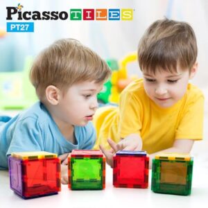 PicassoTiles PT27 Magnetic Building Blocks Alphabet Toy Set Magnet Tiles Construction Toys 3D Clear Color Stacking Block Toy STEM Playboard, Learning by Playing, Creativity Beyond Imagination