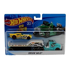 hot wheels city rig - drivin' wild semi and trailer with nitro coupe - white truck, red car - 1:64 scale vehicle