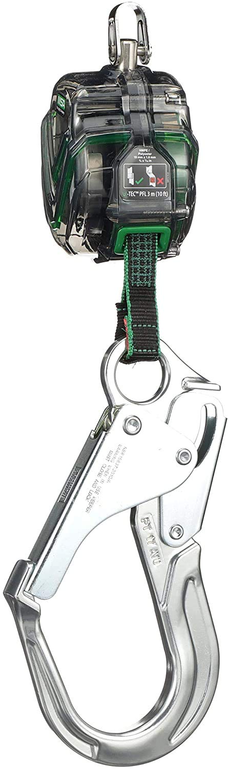 MSA 63013-00A V-TEC Personal Fall Limiter - 10' (3m), Single-Leg, AL36CL Snaphook Anchorage Connection, Steel Carabiner Harness Connection, Retractable Web Lanyard Clear