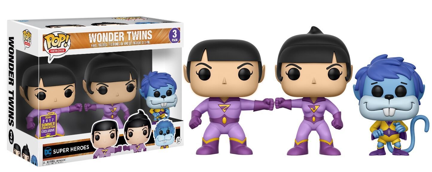 Funko - Wonder Twins-Zan, Jayna & Gleek 3Pack-Sdcc Summer Convention DC Comics Super Heroes Figurine, Multicoloured, 14613