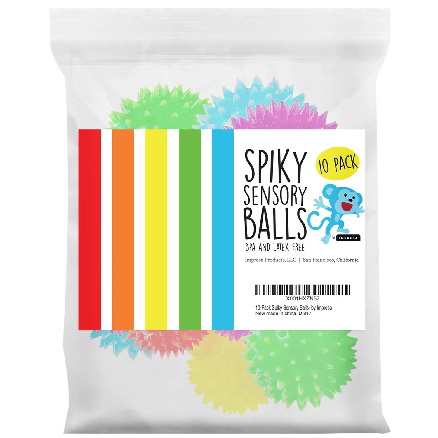 IMPRESA 10-Pack of Spiky Sensory Balls - Squeezy and Bouncy Fidget Toys/Sensory Toys - BPA/Phthalate/Latex-Free