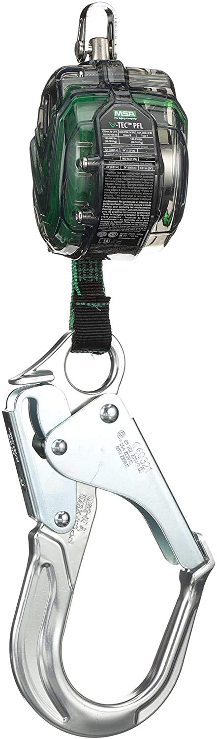 MSA 63013-00A V-TEC Personal Fall Limiter - 10' (3m), Single-Leg, AL36CL Snaphook Anchorage Connection, Steel Carabiner Harness Connection, Retractable Web Lanyard Clear