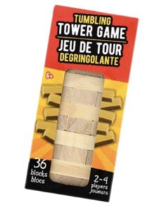 small travel size wood block tower game 4.5" inches tall 36 pieces. mini stacking tumbling wooden board games